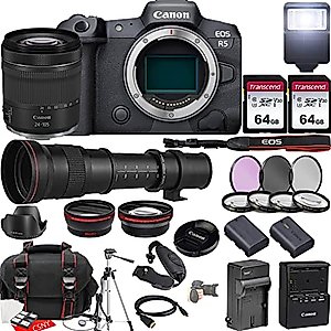 Canon EOS R5 Mirrorless Camera w/RF 24-105mm f/4-7.1 is STM Lens + 420-800mm f/8.3 HD Manual Telephoto Lens + 2X 64GB Memory + Hood + Case + Filters + Tripod & More (35pc Bundle)