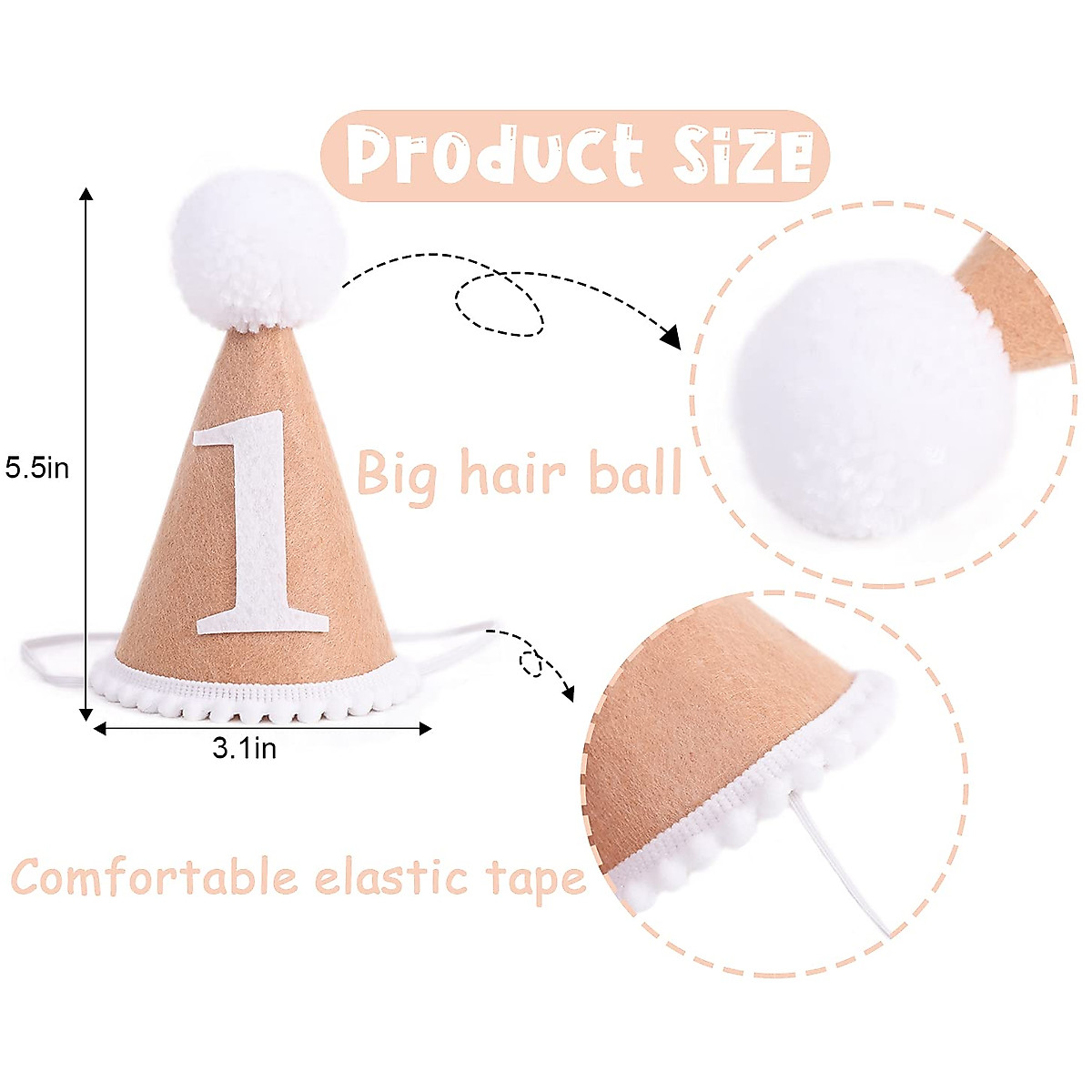 Baby 1st Birthday Party Hat - Handmade Wool Felt Hat for Kids, Photo Booth Props, Backdrop, Cake Smash, and First Birthday Accessories (Beige)