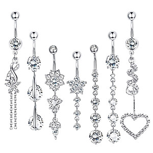 LOLIAS 7 Pcs 14G Dangle Belly Button Rings for Women 316L Surgical Steel Curved Navel Barbell Body Jewelry Piercing,S