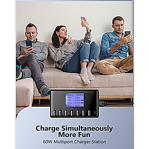 USB Charging Station, Ziwodiv 8-Ports USB Charger Station, 60W/12A Multi Port USB C Hub Charger with LCD Display for Multiple Devices, Compact Desktop Charging for iPhone iPad Samsung Android Tablet