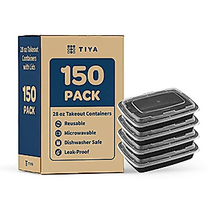 TIYA Takeout Food Containers - 28 oz Bulk 150 Pack with Lids - Rectangular Plastic Food Storage - Reusable Microwavable Dishwasher Safe Restaurant Set - Leak Proof for To-Go & Meal Prep