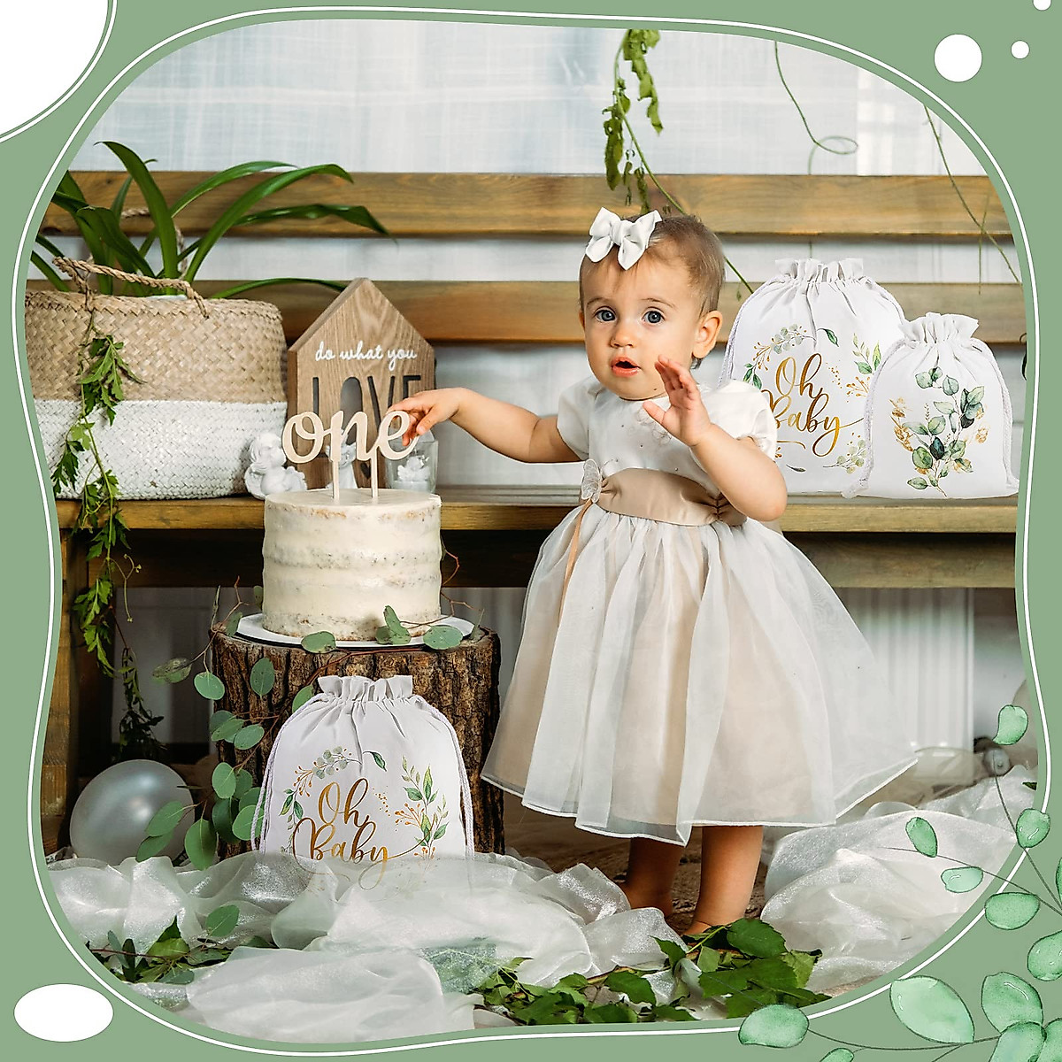 2 Pack Baby Shower Bags Boho Gift Bags Drawstring Greenery Fabric Floral Bags Canvas Gift Bags 20 Inch Large 12 Inch Small Reusable Gift Wrap Bags for Baby Shower Gender Reveal Birthday Party Favors