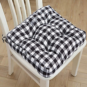 Big Hippo Chair Cushion Buffalo Check Chair Pad for Indoor/Dining/Kitchen Chairs Seat Cushion with Ties Tufted Chair Cushion Pad 17"x17" (1 Pack, Black and White Plaid)