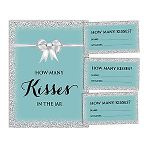 Inkdotpot Aquamarine Glitter How Many Kisses in The Jar Bridal Shower Game 1 Sign + 30 Cards