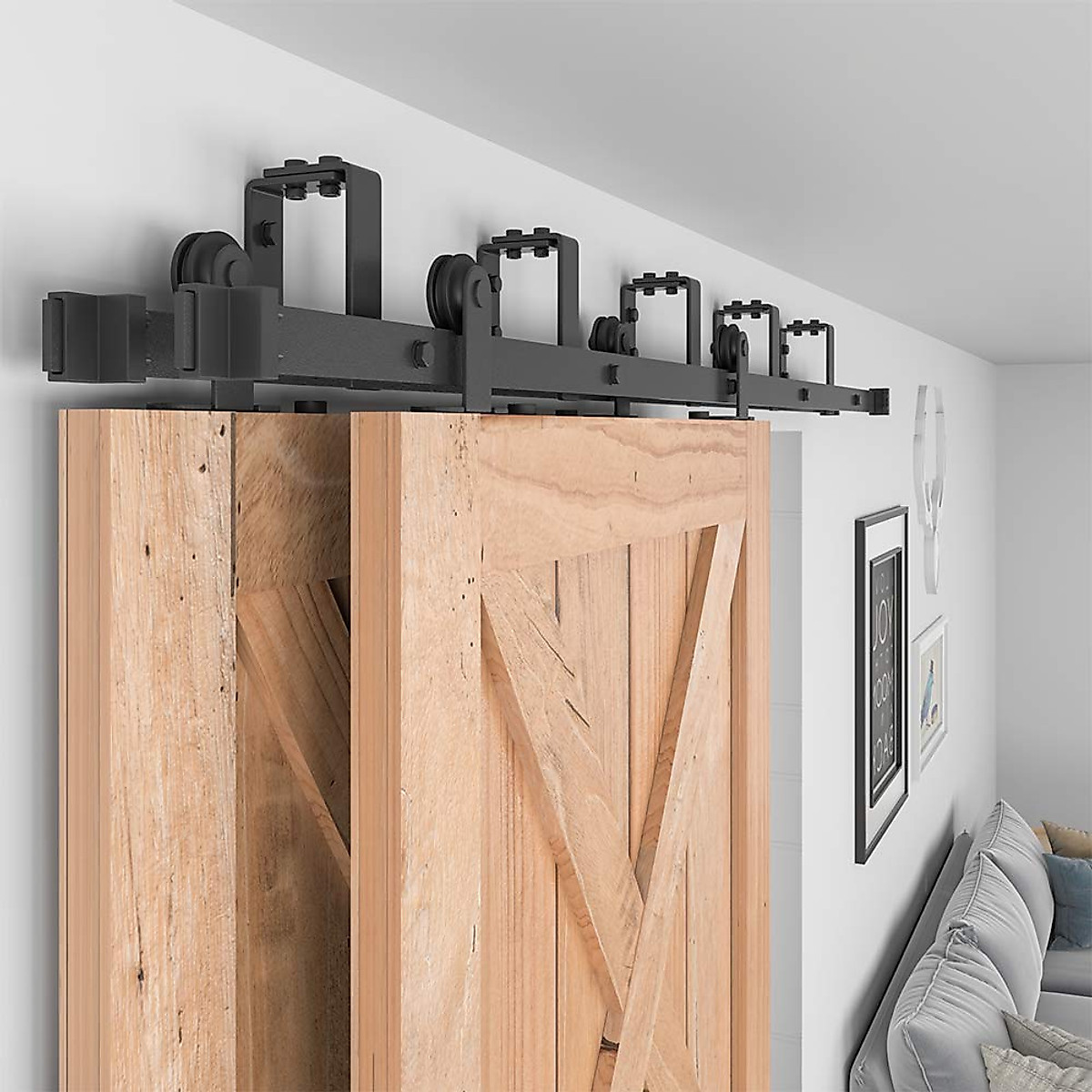 WINSOON Top Mount Double Bypass Barn Door Hardware 6.6 FT Track Double Door Kit, Overlapping, One-Piece Rail, Heavy Duty, Slide Smoothly Quietly, Easy Install, Fit Up to Two 39.6” Wide Door Panel