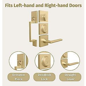 Mega Handles Gold Entry Door Handleset - Single Cylinder Handleset with Lever for Entrance and Front Doors - Modern Door Handles with Design for Left and Right-Handed Doors - Straight Handle