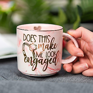 Engagement Gifts for Women - Funny Coffee Mug - Bride To Be Engaged Fiance Novelty Coffee Mugs Gift for Her - Does This Ring Make Me Look Engaged - 11.5oz Pink Marble Ceramic Cup