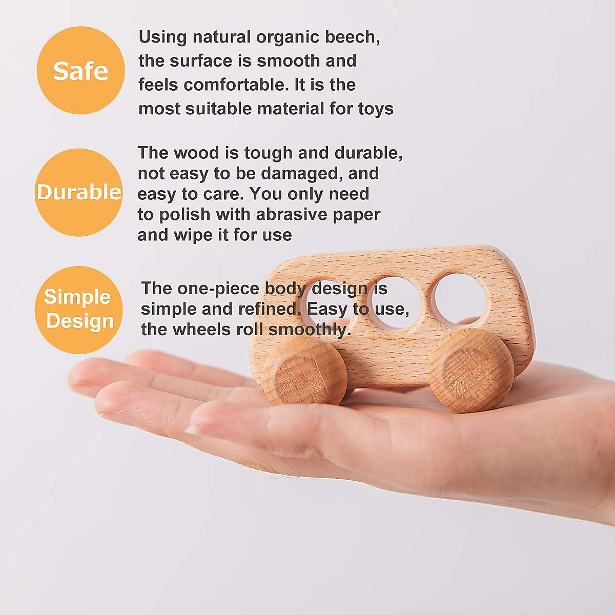 Promise Babe Organic Wooden Baby Push Toys Fine Motor Development Sensory Skills Toy Montessori Grasping Toy 2pc Wood Car Rattles