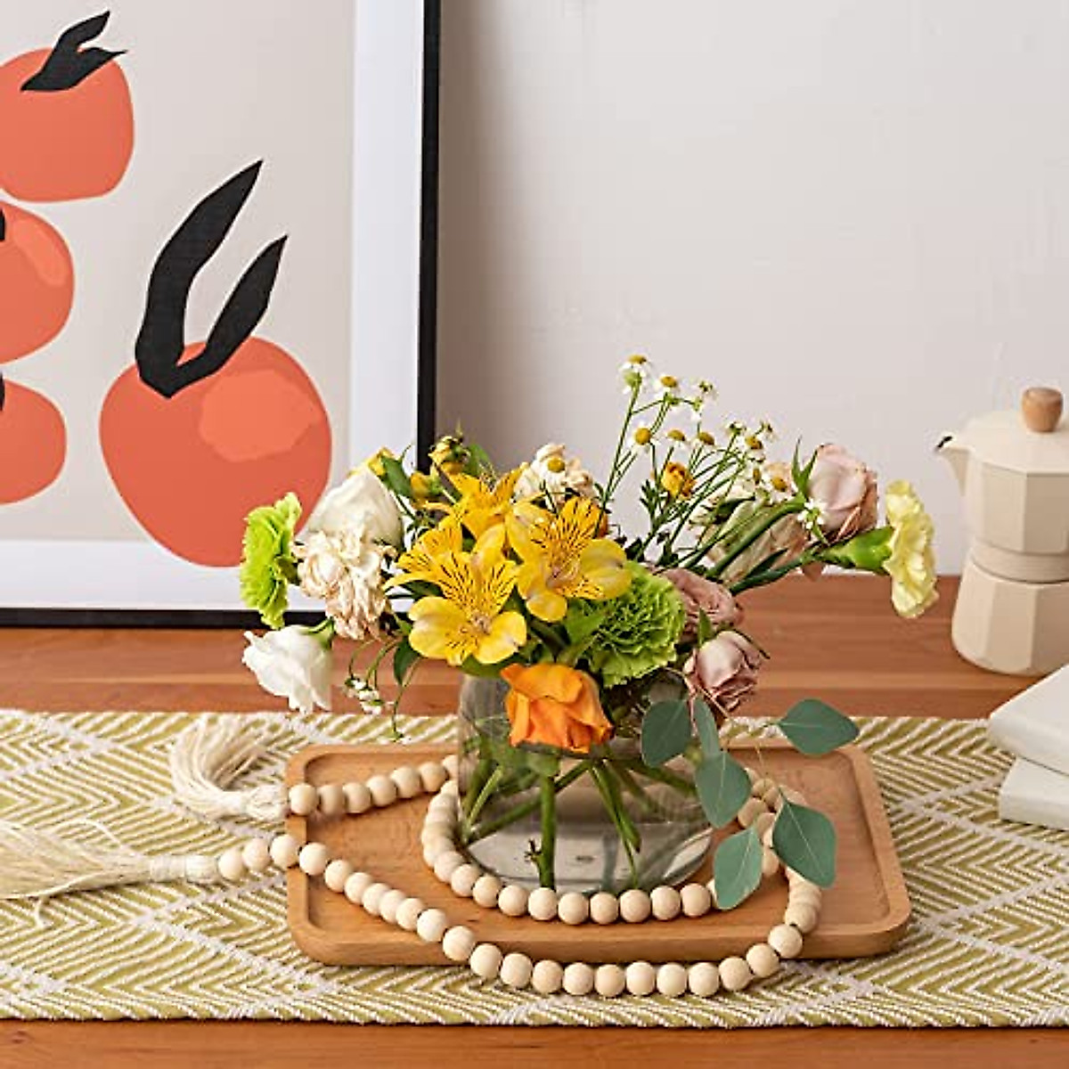 DECORKEY Farmhouse Wood Beads Garland Decor, 58 Inch Wooden Beads for Boho Home Decor with Tassels, Rustic Country Decor for Table, Wall, Shelf, Tray, Vase, Living Room, Bedroom, Summer