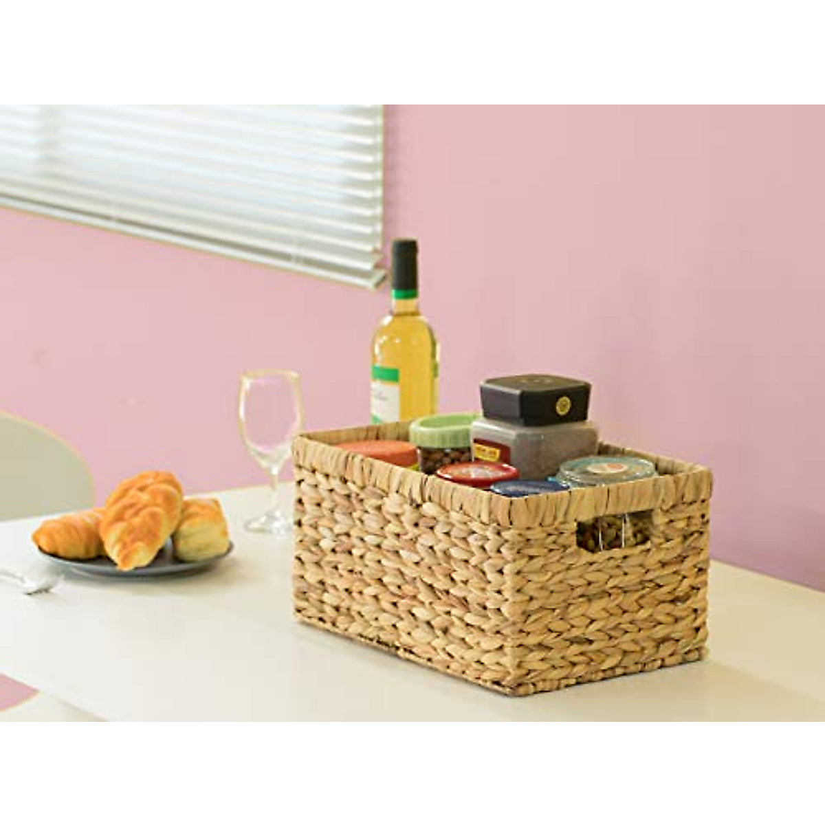 Natural Woven Water Hyacinth Wicker Rectangular Storage Bin Basket with Handles, Medium