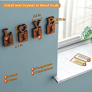 Rustic Coat Hooks for Hanging Keys, Hats or Bathroom Towels – Set of 4 Wall Mounted Wooden Hangers for Entryway, Modern Farmhouse Industrial Black Metal & Wood Home Décor, Love Sign Wedding Gift