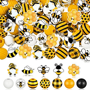 200 Pieces Wood Beads Colorful Painted Spring Loose Beads Decorative Beads Craft Beads Polished Bee Wood Beads Round Rustic Beads with Rope for DIY Garland Making Party Decor(Bee Style)