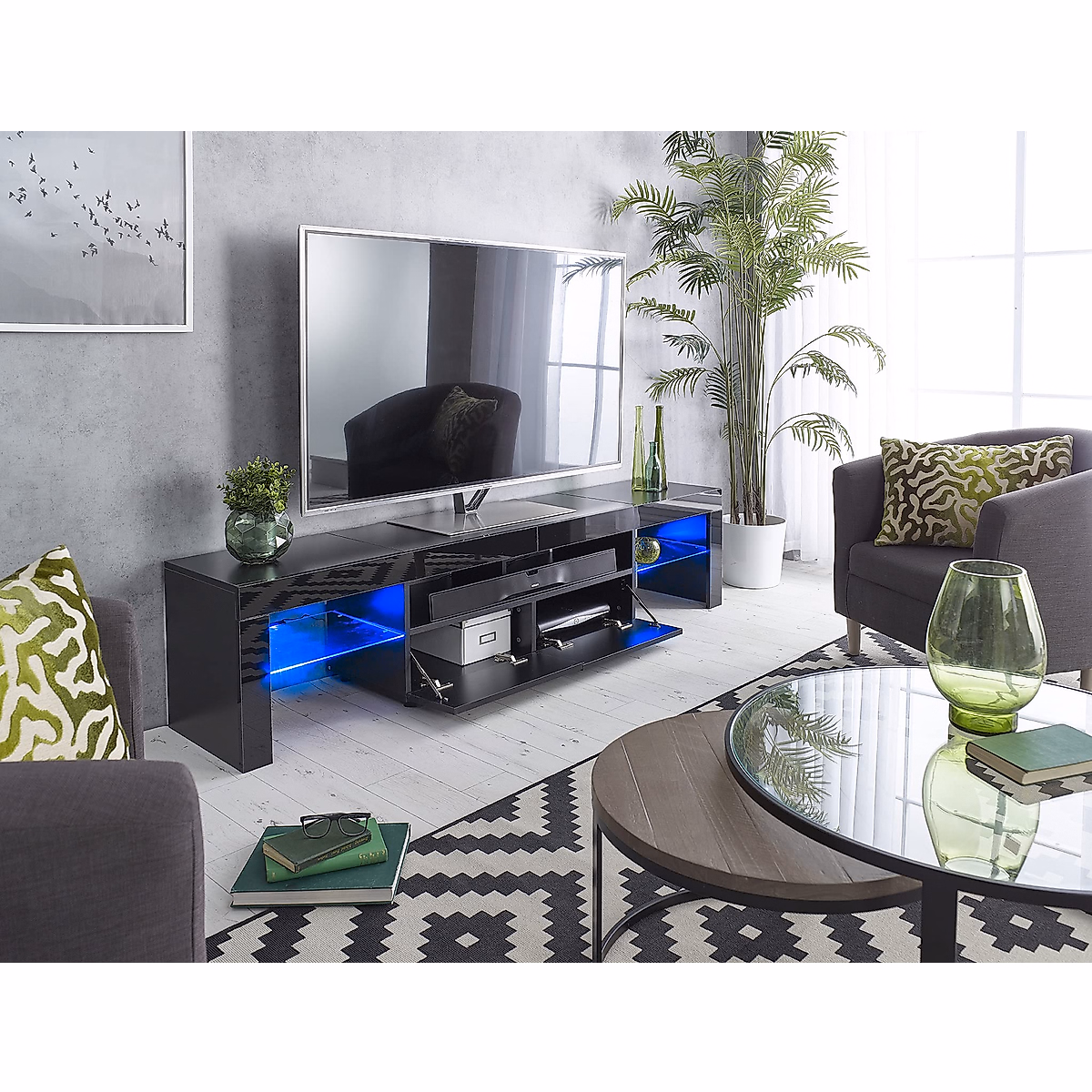 MMT Furniture Designs Ltd TV Console, TV Stand Cabinet 78" Long for 55 65 75 90 inch TV Screens – Entertainment Centre Desk with Lights - Media Shelf – Black