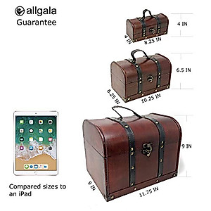 allgala Large Antique Wooden Treasure Chest Box 3-PC Set-Great Gifts for Kids Treasure Hunt Treasure Chest Storage Box Decorative Box for Jewelry Pearl Trinkets