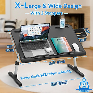 EVETTO Laptop Bed Desk, X-Large Leather Adjustable Computer Bed Table Tray, Foldable Laptop Lap Desk for Bed Sofa Couch Floor Writing Eating Working with Drawer 2 Movable Stoppers (23.6 inch, Black)