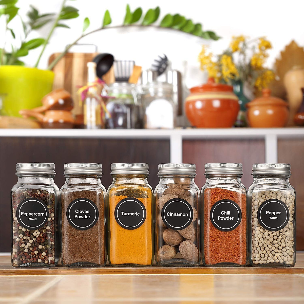 AOZITA 24 Pcs Glass Spice Jars/Bottles with Spice Labels - 4oz Empty Square Spice Containers, Condiment Pot - Shaker Lids and Airtight Metal Caps - Silicone Collapsible Funnel Included