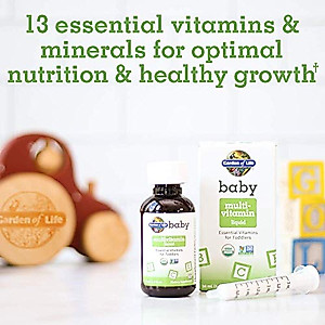 Garden of Life Baby Multivitamin Drops, Organic Multivitamins for Infants & Toddlers - Essential Vitamins & Nutrients for Babies, Vegan, Gluten Free, Non-GMO, 56 Servings, 1.9 fl oz Liquid Supplement
