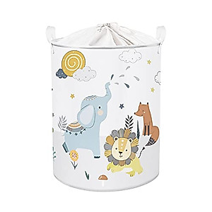 Clastyle 45L Cartoon Animals Elephant Fox White Kids Laundry Hamper Lion Clouds Round Toy Clothes Storage Basket for Children Room, 14.2x17.7 in