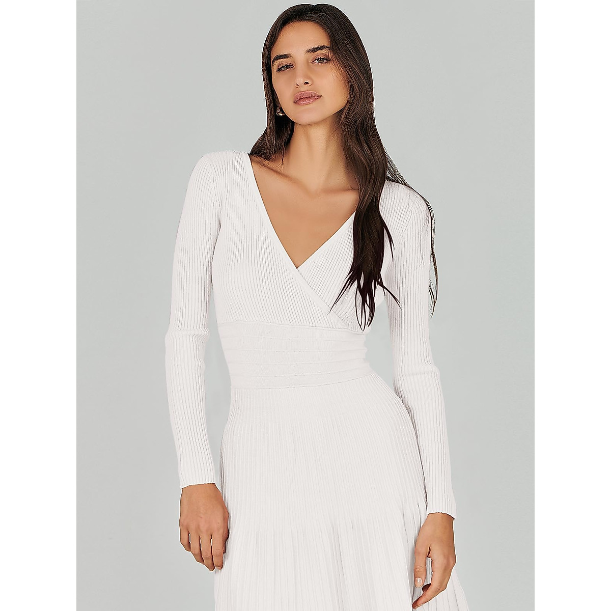 ANRABESS Womens Wrap Midi Sweater Dresses Long Sleeve V Neck Bodycon High Waist Ribbed Knit Pleated A-Line Dress 2024 Trendy X-Large White