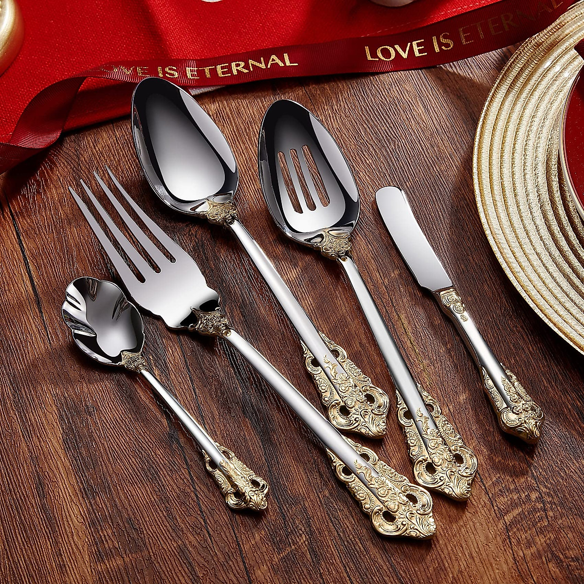 KEAWELL Gorgeous 5-Piece 18/10 Stainless Steel Hostess Serving Utensil Set, Dishwasher Safe, Gold Accent