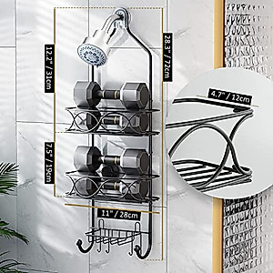 LEVERLOC Shower Caddy Over Shower Head Anti-Swing with Strong Suction Cup, Shower Organizer Hanging Rustproof with Hooks for Razor Towel and Sponge, Shower Shelf for Bathroom, Metal Black