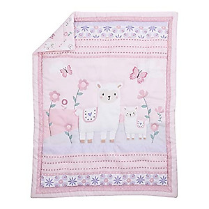 NoJo Little Love Sweet Llama & Butterflies Floral Pink & Purple 3Piece Crib Bedding Set - Comforter, Crib Sheet & Dust Ruffle, Pink, Ivory, Lavender, Light Green (6677276P)