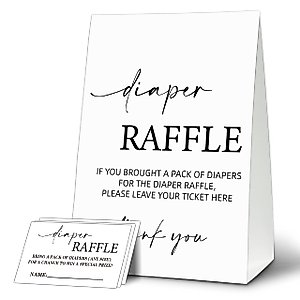 Baby Shower Game Card Set, Diaper Raffle Tickets and Sign, Modern Black and White 1 Sign and 50 Cards, Minimalist Boy Girl Gender Neutral Baby Shower Supplies-B01