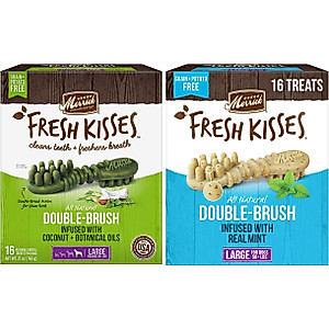 (2 Pack) Merrick Fresh Kisses Double-Brush Dental Dog Treats, Infused with Coconut & Botanical Oils and Mint Breath Strips, Cleans & Freshens Breath for Large Dogs, 16 Dental Dog Treats/Pack (Large)