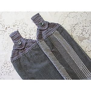 Set of 2 Gray Doubled Chevron Design Hanging Kitchen Towels with Gray Cotton Crochet Top - Best Quality