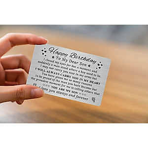Ptzizi Happy Birthday to My Dear Son Steel Engraved Wallet Insert Card for Son Birthday Graduation Christmas Adult Gifts, A7