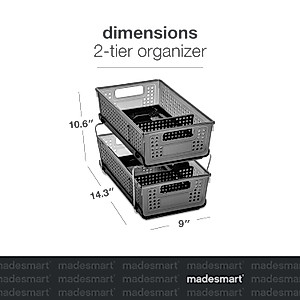 madesmart 2-Tier Plastic Multipurpose Organizer with Divided Slide-Out Storage Bins, Compact Under Sink and Cabinet Organizer Rack, Smoke