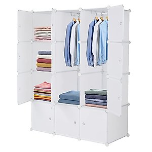 Wardrobe 12 Cube Organizer Stackable Plastic Cube Storage Shelves Design Multifunctional Modular Closet Cabinet with Hanging Rod White Doors