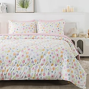 Wajade Floral Comforter Set Bed in A Bag Full Size 7 Piece Botanical Flower Green Leaves Rabbits Bedding Set for Girls (1 Comforter, 1 Flat Sheet, 1 Fitted Sheet, 2 Pillowcase and 2 Pillow Sham)