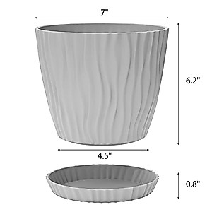 Whonline Plastic Flower Pots, 6 Pack, 7 Inch Gray Pots for Planting with Drainage Holes and Saucers, Decorative Flower Pots for Indoor Plants Outdoor Clearance