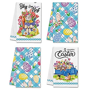 Hexagram Easter Kitchen Towels Sets of 4, Bunny Easter Dish Towels, Blue Truck Farmhouse Easter Decor, Eggs Hand Towels, Tea Towel, Housewarming Gifts for New Home