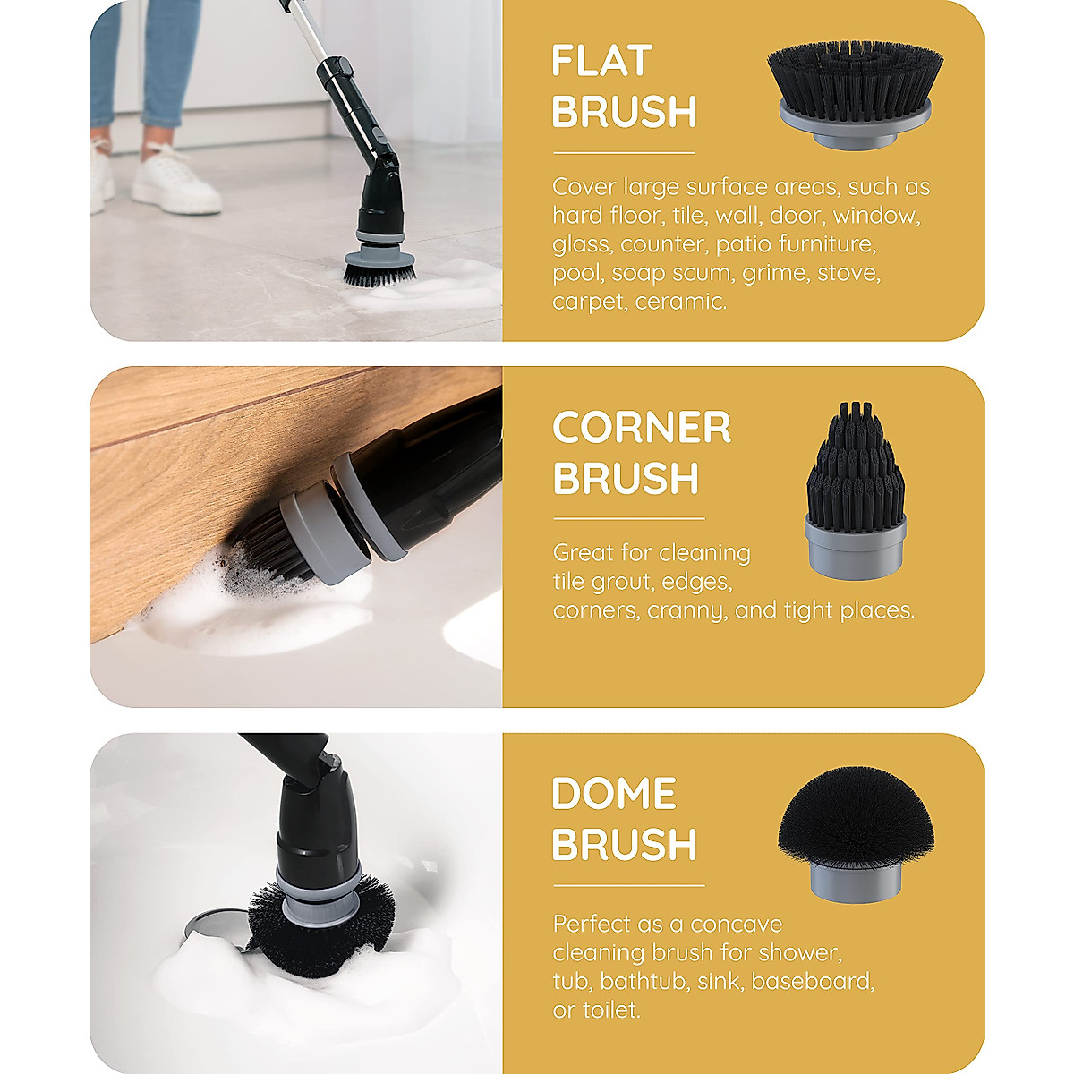 JULY HOME Electric Spin Scrubber with Adjustable Extension Shower Scrubber Brush, Cordless Automatic Power Scrubber for Shower, Cleaner for Tile, Floor, Long Handle & 3 Brush (Packaging May Vary)