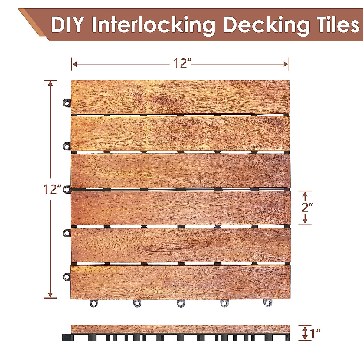 PrimeZone 27 PCS Solid Acacia Wood Interlocking Patio Deck Tiles - 12" x 12" Indoor Outdoor Waterproof Flooring Tiles for Balcony, Backyard, Garden & Poolside, All Weather Use, Natural Wood