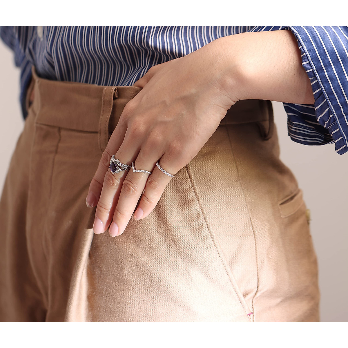 LUO 925 Sterling Silver Round 7 MM Amethyst Ring Princess Crown Tiara Engagement Ring for Women US Size 13