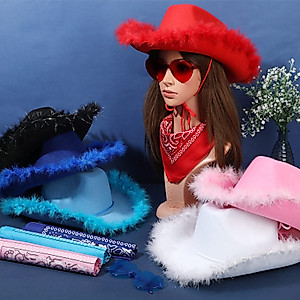 Handepo 6 Pcs Cowboy Hat Set Cowgirl Hat with Feather Heart Shaped Sunglasses Paisely Bandana Accessories for Women Men Bachelorette Party Costume, Assorted Colors