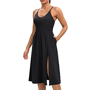 Athletic Dress with Built in Shorts & Bra Adjustable Straps Workout Dress for Tennis Golf Midi Dresses for Women Black