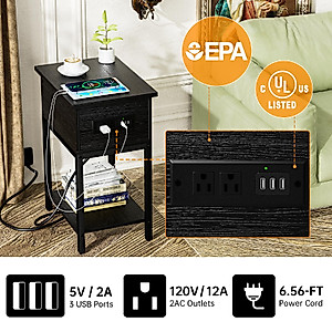 SZLHANJZ Narrow Nightstand, Small End Table with Charging Station, Bedside Table with Storage and Shelf for Small Spaces, 2 Tier Side Table for Living Room Bedroom, Black