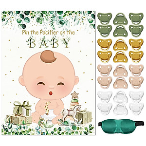 Faccito Pin The Pacifier on The Baby Party Games Sage Green Baby Shower Decorations Pin Pacifier on Baby Game with 24 Pacifier Stickers Game Blindfold for Baby Shower Birthday Party Supplies(Fair)