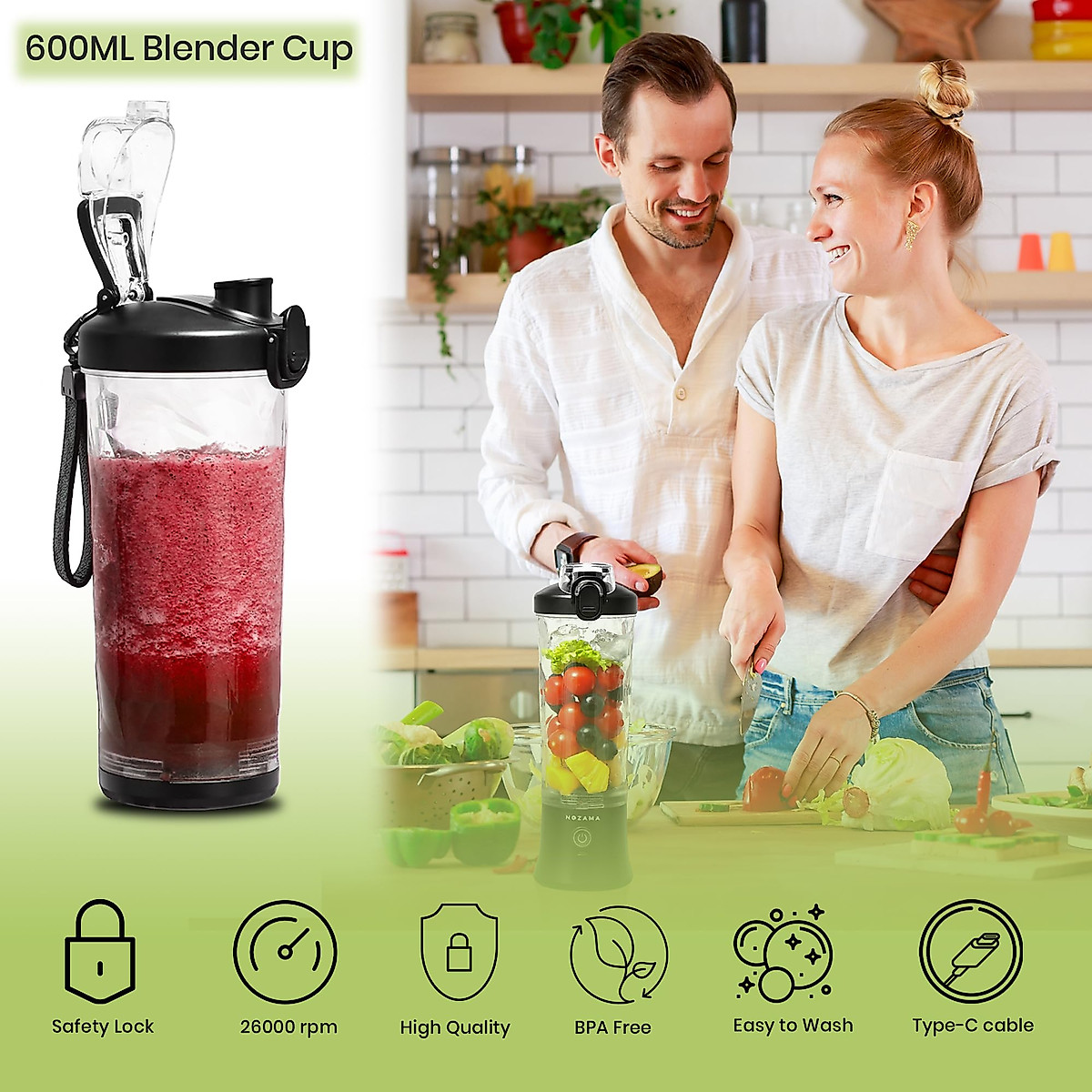 20 Oz Portable Blender, Personal Size Blender for Shakes and Smoothies, Mini Blender Cup with Rechargeable USB, Baby Food Blender, Smoothie, Juicer with 6 Blades for Home, Kitchen, Travel, Sports (Black)