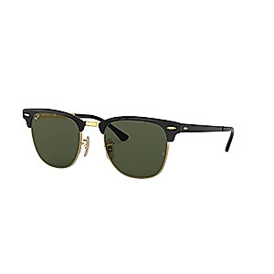 Ray-Ban RB3716 Clubmaster Metal Square Sunglasses, Black On Gold/G-15 Green, 51 mm