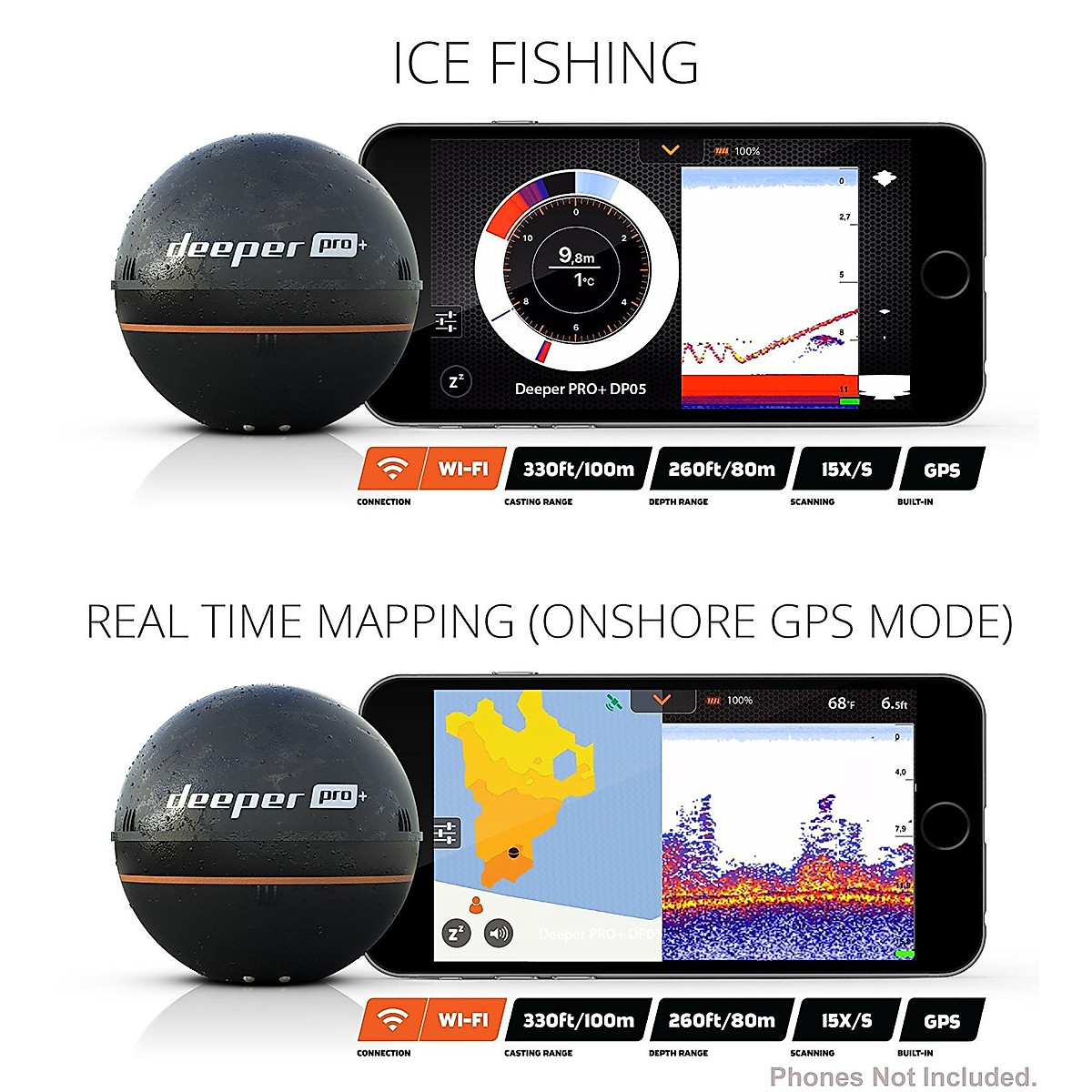 Deeper Smart Sonar PRO+ Series, 2.55", Black - GPS, Wi-Fi Connected Wireless, Castable, Portable Smart Fishfinder for iOS & Android Devices, Z-Tool & Universal Waterproof Cellphone Case (Bundle)