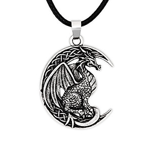 HAQUIL Dragon Necklace for Men, Celtic Dragon on Crescent Moon Pendant, Faux Leather Cord, Dragon Jewelry Gift