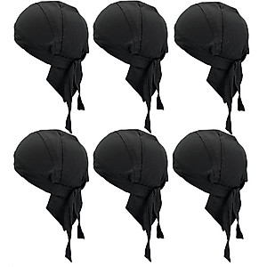 Supeniu Doo Rags Black Skull Caps Beanie Hats Helmet Liner Sweat Wicking Hard Hat Motorcycle Cooling Dew Rag Bandana Skull Cap Large Headwrap Do Rags for Men and Women (Black 6 Pack)