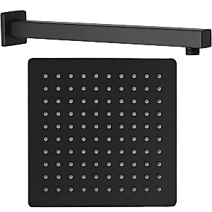 BESy 8 Inch Rain Shower Head, 8" Square Rainfall & High Pressure Stainless Steel Bath Showerhead, 14 Inches Straight Extended Shower Arm With Flange, Rain Shower Head Extension Arm Matte Black