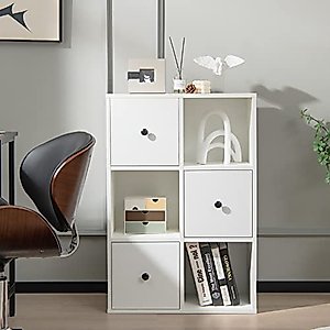 IFANNY 6 Cube Bookcase, 3 Tier Bookshelf with Drawers, Wood Storage Shelves, Modern Display Shelf, Cubical Book Cases, Small Book Shelf for Bedroom, Living Room, Home Office (White)