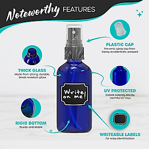 Nevlers 24PK 4 Oz Blue Glass Spray Bottles | Small Glass Spray Bottle Set w/Shrink Wrap, Labels & More| Small Spray Bottle For Use as Travel Size Spray Bottle, Mister Bottle & Spray Bottles for Hair